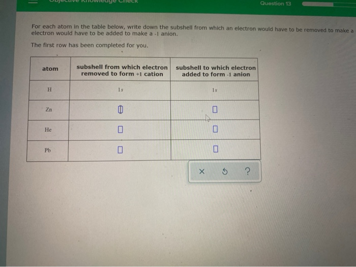Solved Question 13 For each atom in the table below, write | Chegg.com