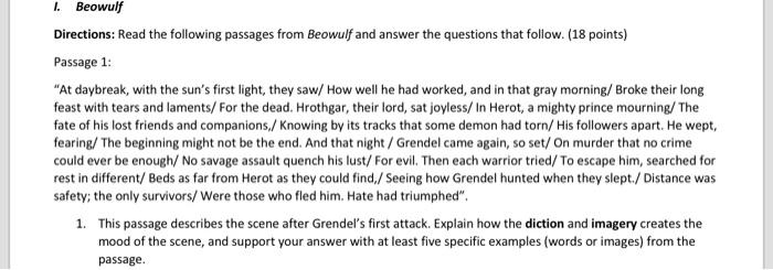 Solved 1. Beowulf Directions: Read the following passages | Chegg.com