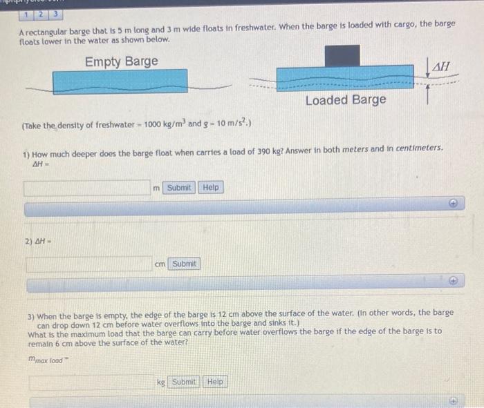 Solved A rectangular barge that is 5 m long and 3 m wide | Chegg.com