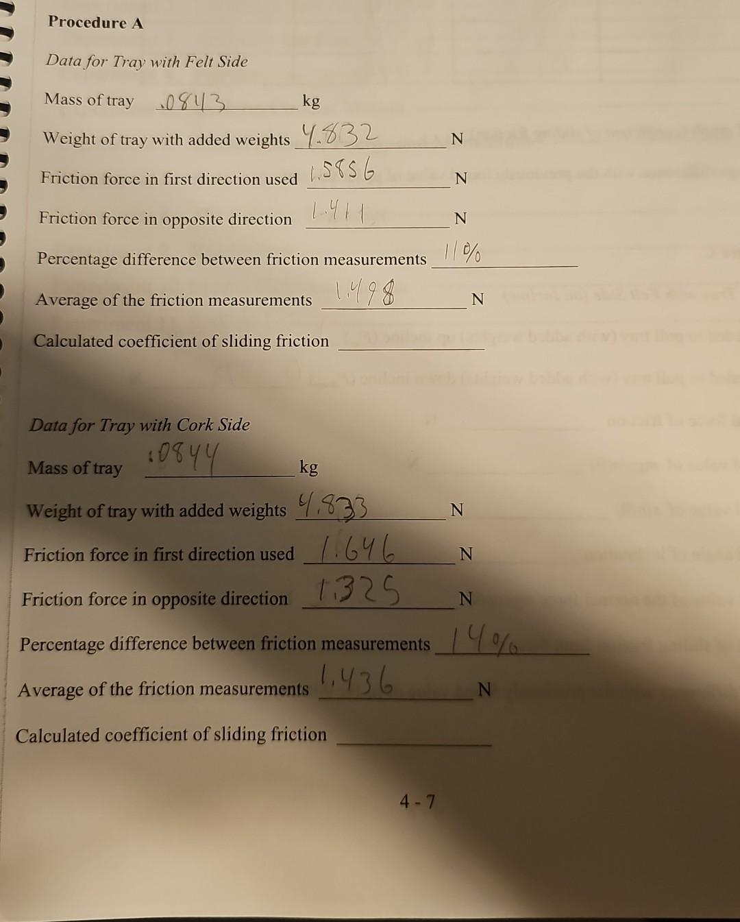 Solved Procedure A Data for Tray with Felt Side Mass of tray | Chegg.com