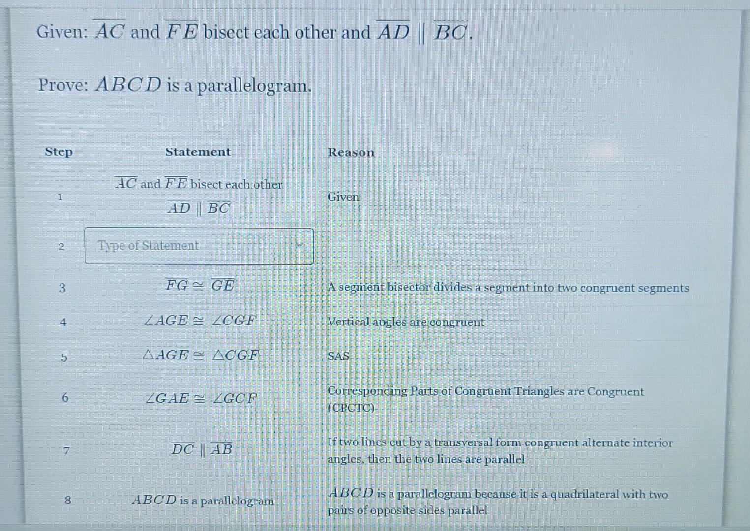 Solved Given: AC and FE bisect each other and AD∥BC. Prove: | Chegg.com