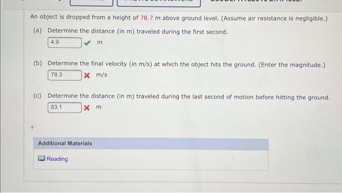 Solved An Object Is Dropped From A Height Of 78 7 M Above