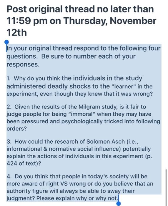 Solved Stanley Milgram conducted a series of studies (1963, | Chegg.com