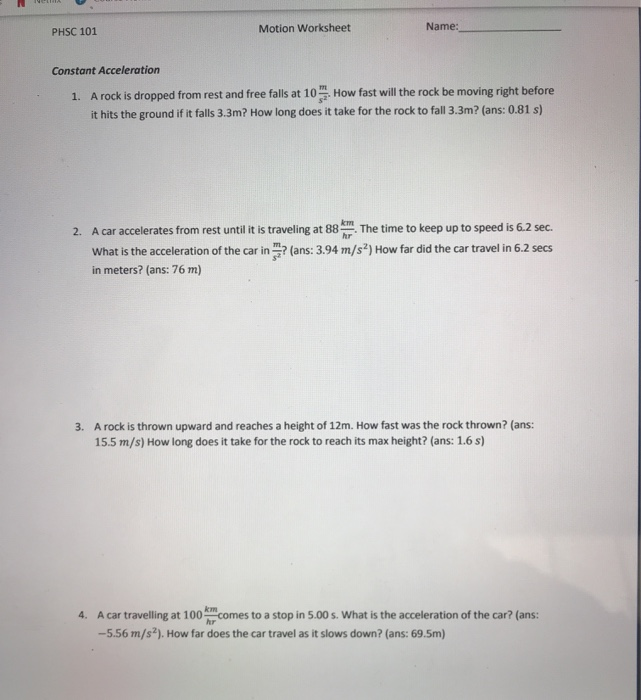 Solved PHSC 101 Motion Worksheet Name: Constant Velocity 1. | Chegg.com