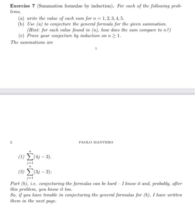 Solved Exercise 7 Summation Formulae By Induction For 