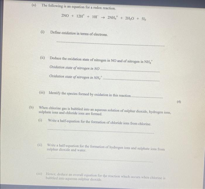 Solved (a) The following is an equation for a redox | Chegg.com