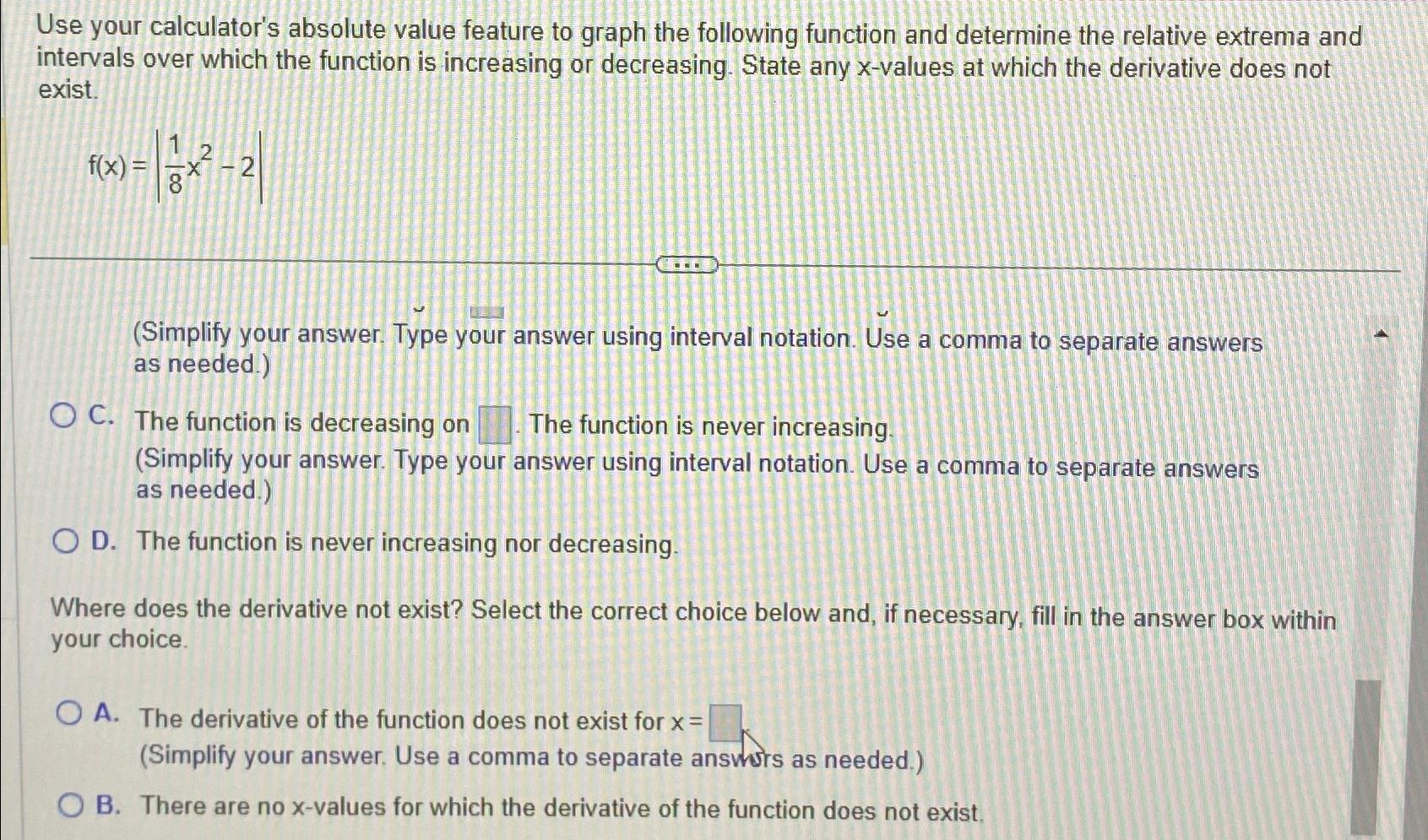 Solved Use your calculator's absolute value feature to graph | Chegg.com