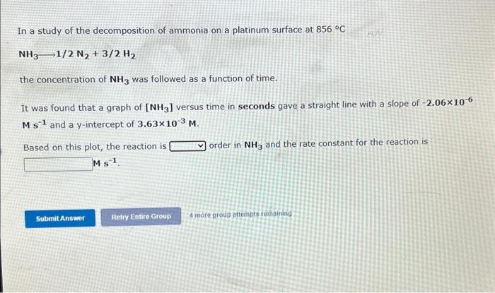 Solved In a study of the decomposition of ammonia on a | Chegg.com