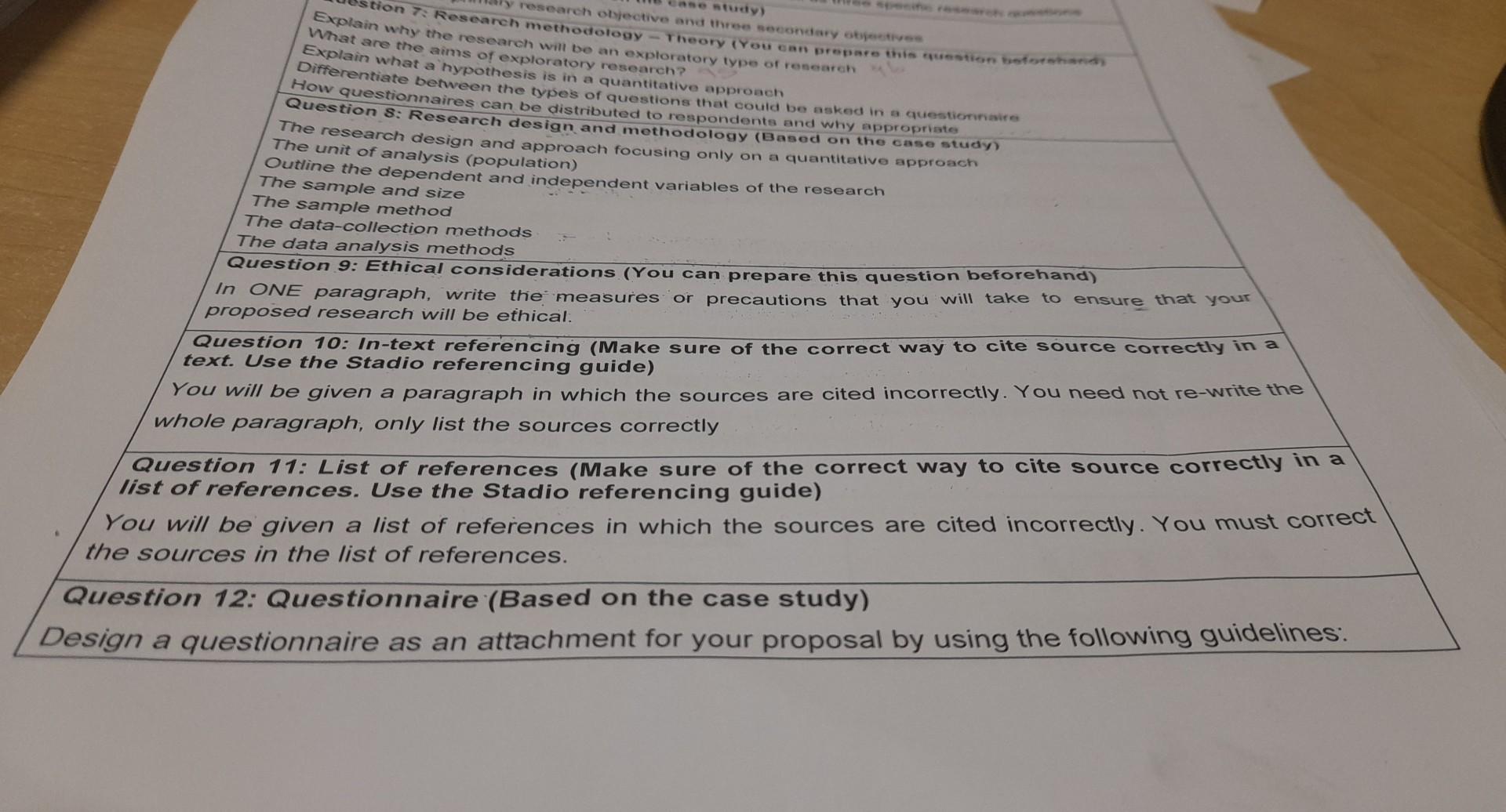Question 12: Questionnaire (Based on the case study) | Chegg.com
