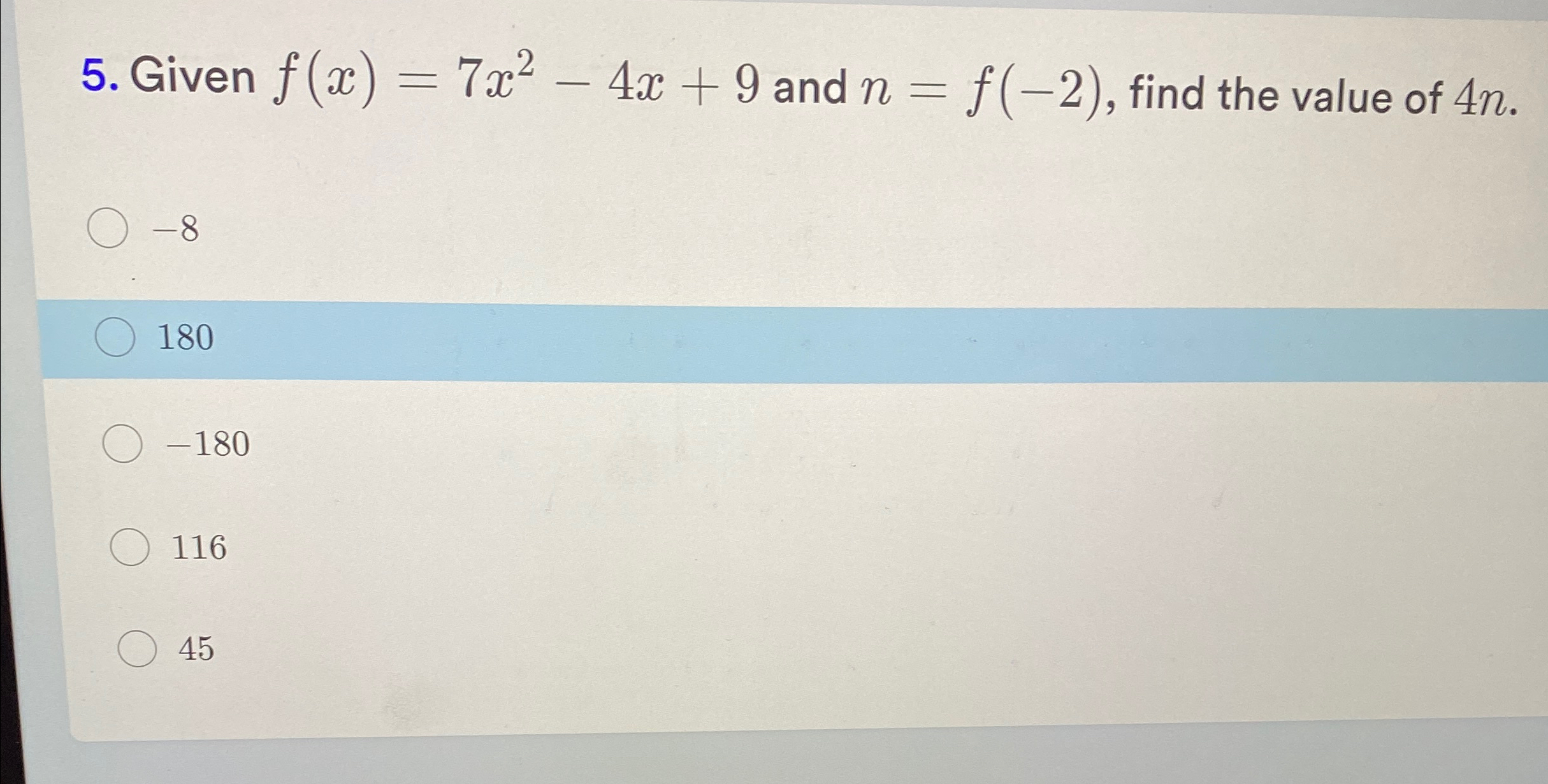 Solved Given f(x)=7x2-4x+9 ﻿and n=f(-2), ﻿find the value of | Chegg.com