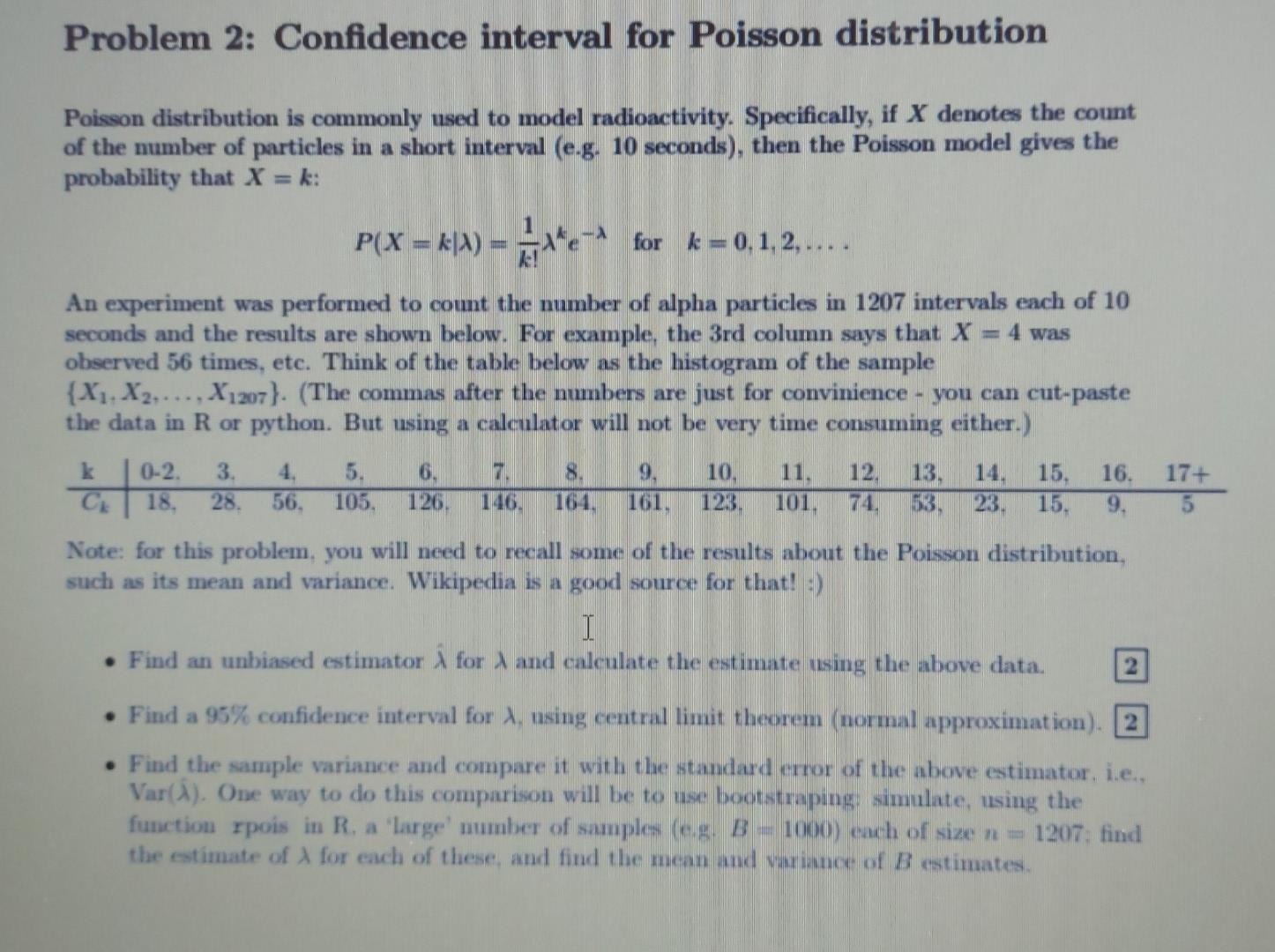 Problem 2: Confidence interval for Poisson | Chegg.com