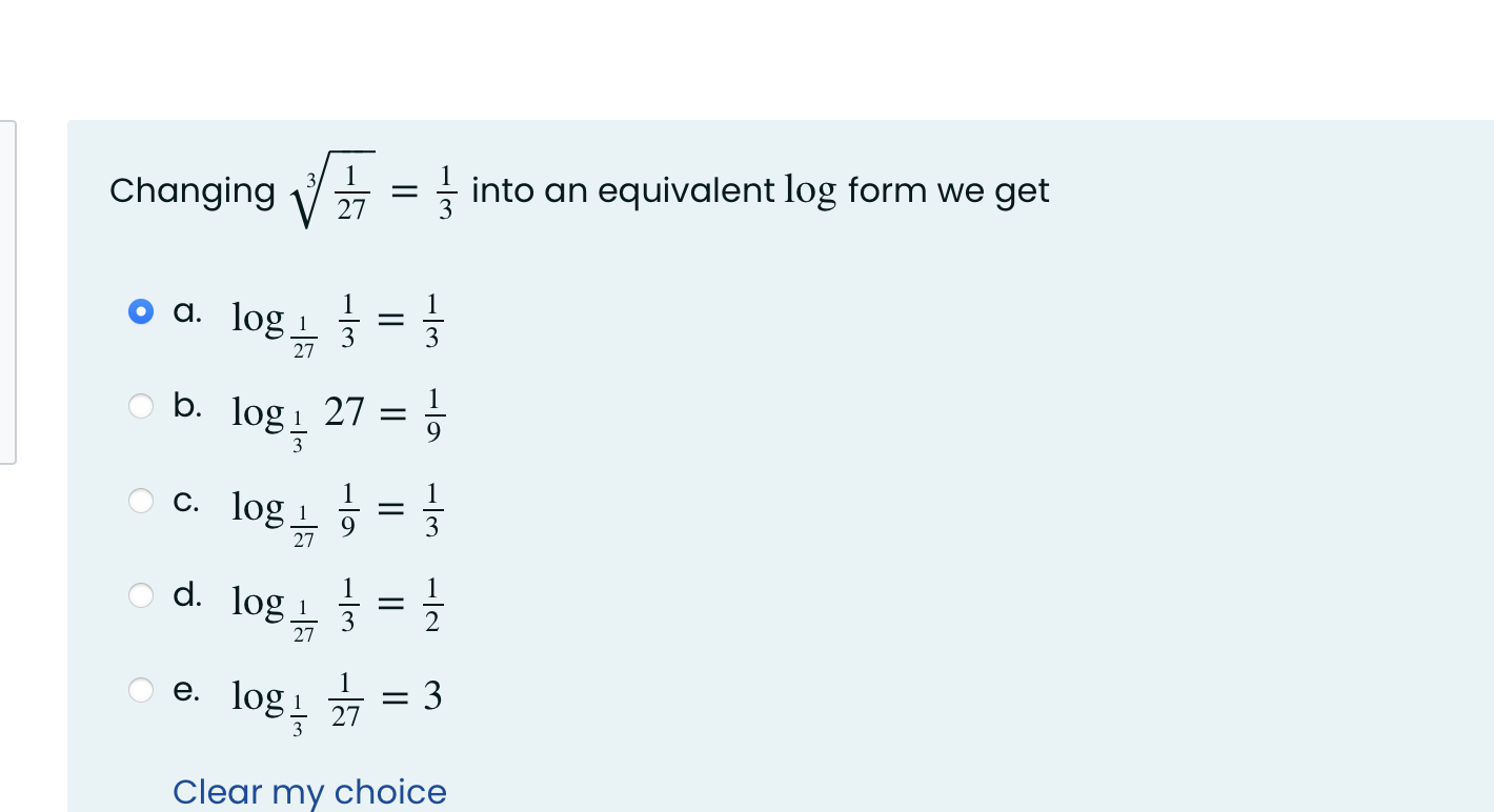 Solved Changing 1273=13 ﻿into an equivalent log form we | Chegg.com