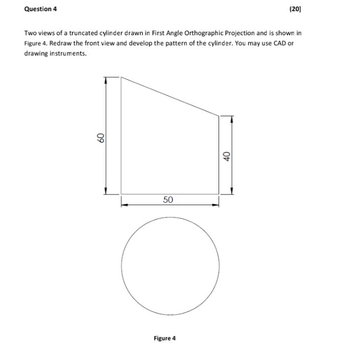 Solved Question 4 (20) Two views of a truncated cylinder | Chegg.com