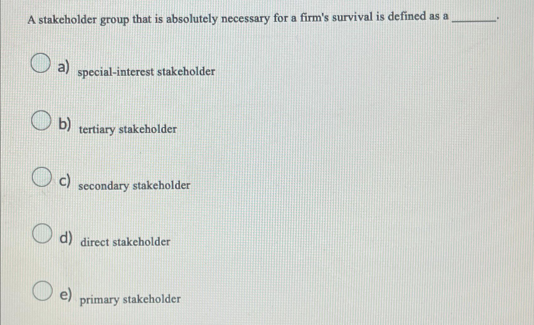 Solved A stakeholder group that is absolutely necessary for | Chegg.com