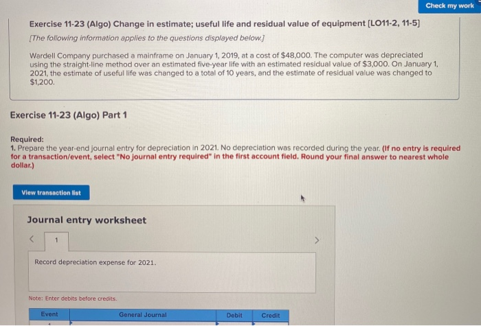 Solved Check my work Exercise 11-23 (Algo) Change in | Chegg.com