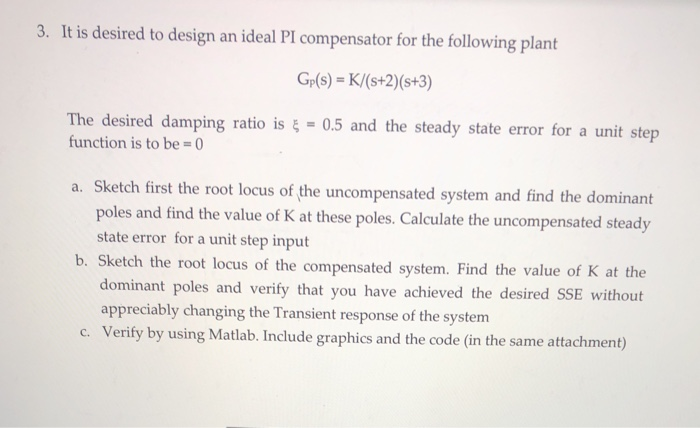 Solved 3. It is desired to design an ideal PI compensator | Chegg.com