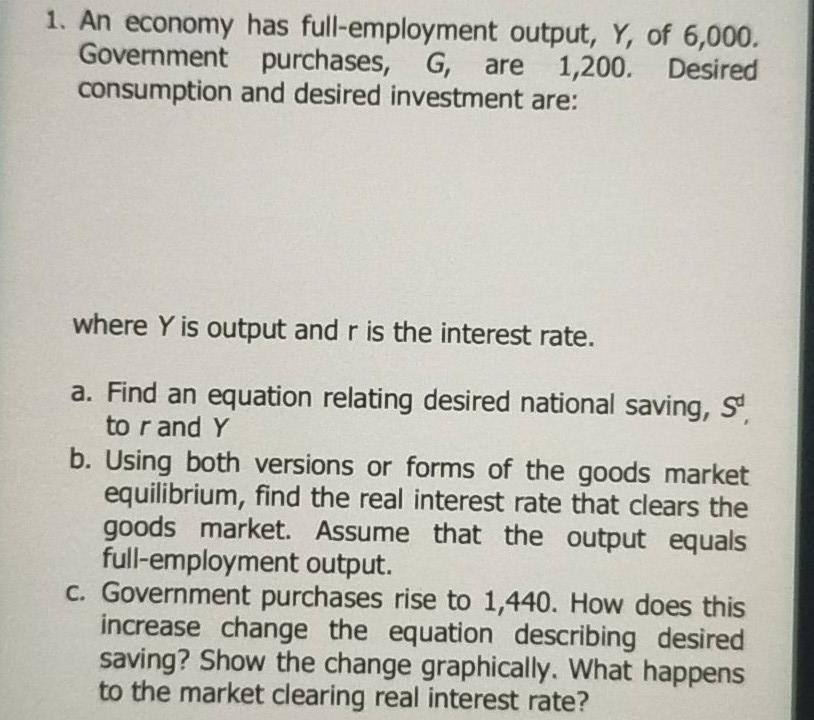 Solved 1. An economy has full-employment output, Y, of | Chegg.com