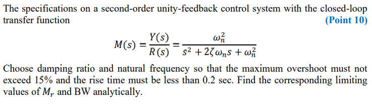 Solved The Specifications On A Second Order Unity Feedback