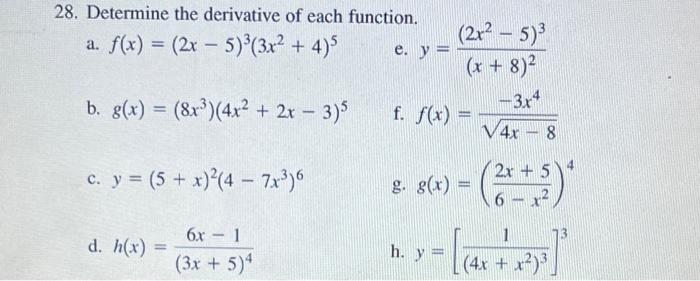 Solved 28. Determine the derivative of each function. a. | Chegg.com