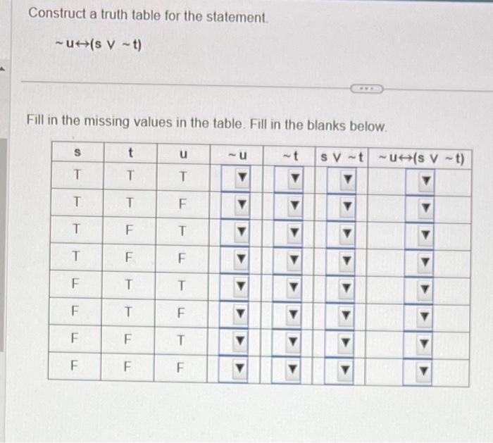 Solved Construct a truth table for the statement. ∼u↔(s∨∼t) | Chegg.com