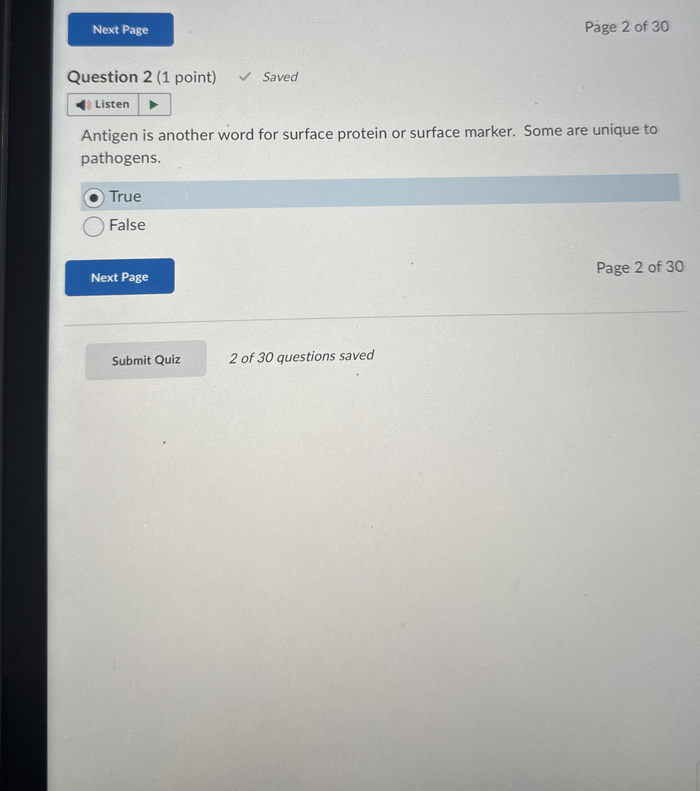 Solved Page 2 ﻿of 30Question 2 (1 ﻿point) ﻿SavedAntigen is | Chegg.com