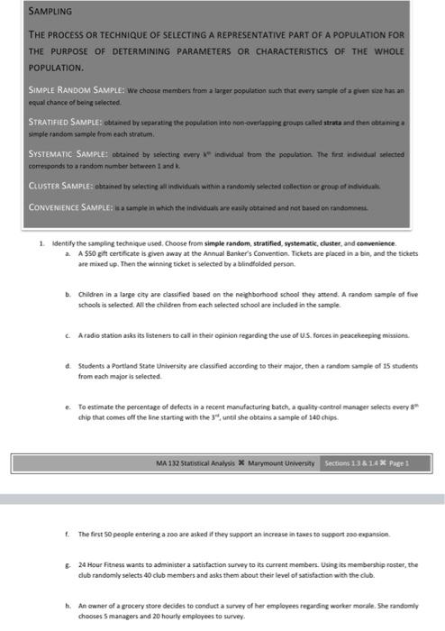 Solved SAMPLING THE PROCESS OR TECHNIQUE OF SELECTING A | Chegg.com