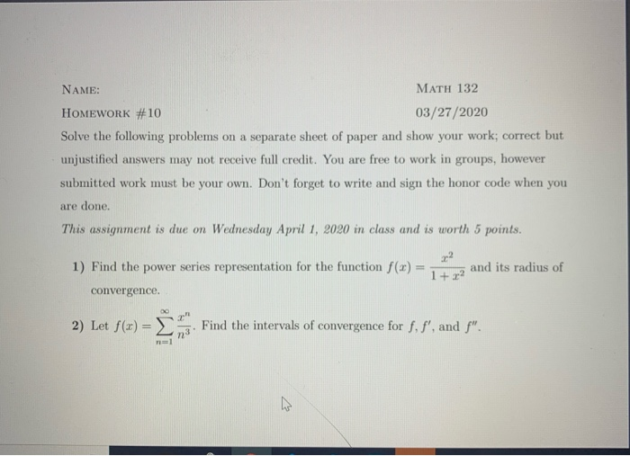 Solved NAME: MATH 132 HOMEWORK #10 03/27/2020 Solve the | Chegg.com