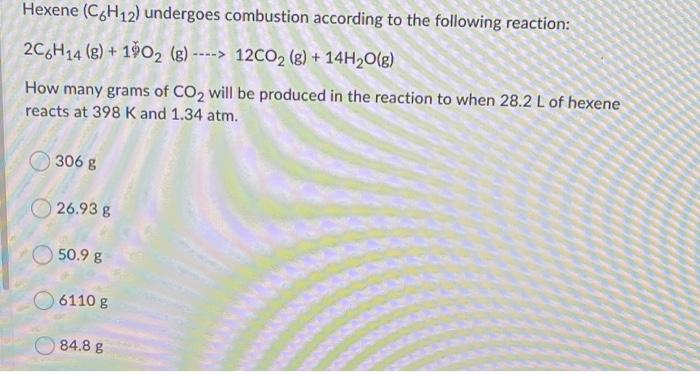 Solved Hexene (C6H12) undergoes combustion according to the | Chegg.com