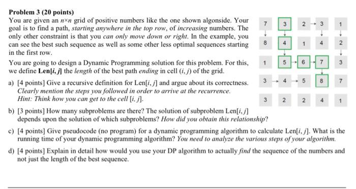 Solved Problem 3 (20 points) You are given an n×n grid of | Chegg.com