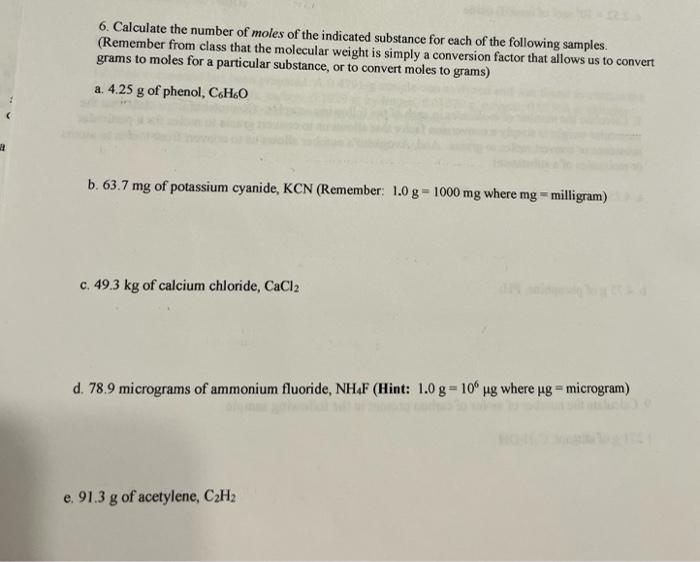 Solved 6 Calculate The Number Of Moles Of The Indicated