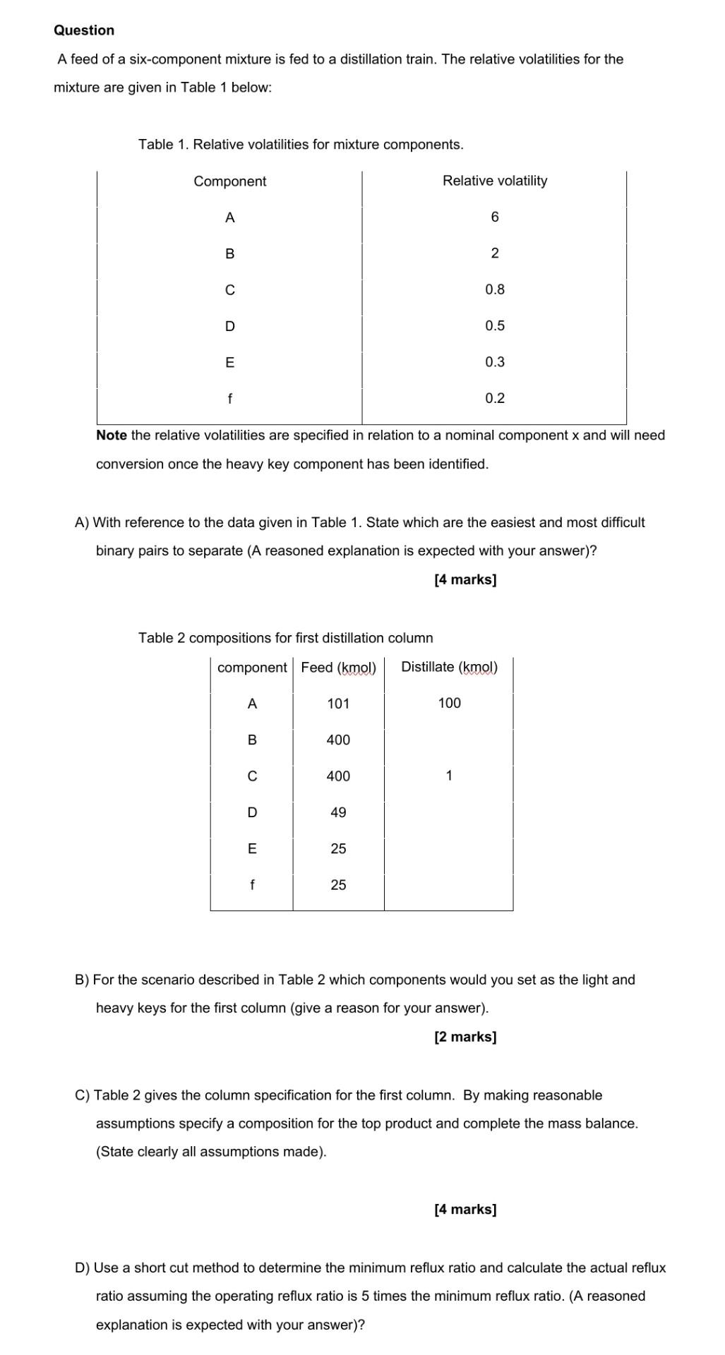 Solved E Normally The Reflux Ratio Would Be Set To 1 1