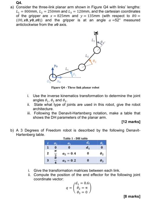 Solved Q4. a) Consider the three-link planar arm shown in | Chegg.com
