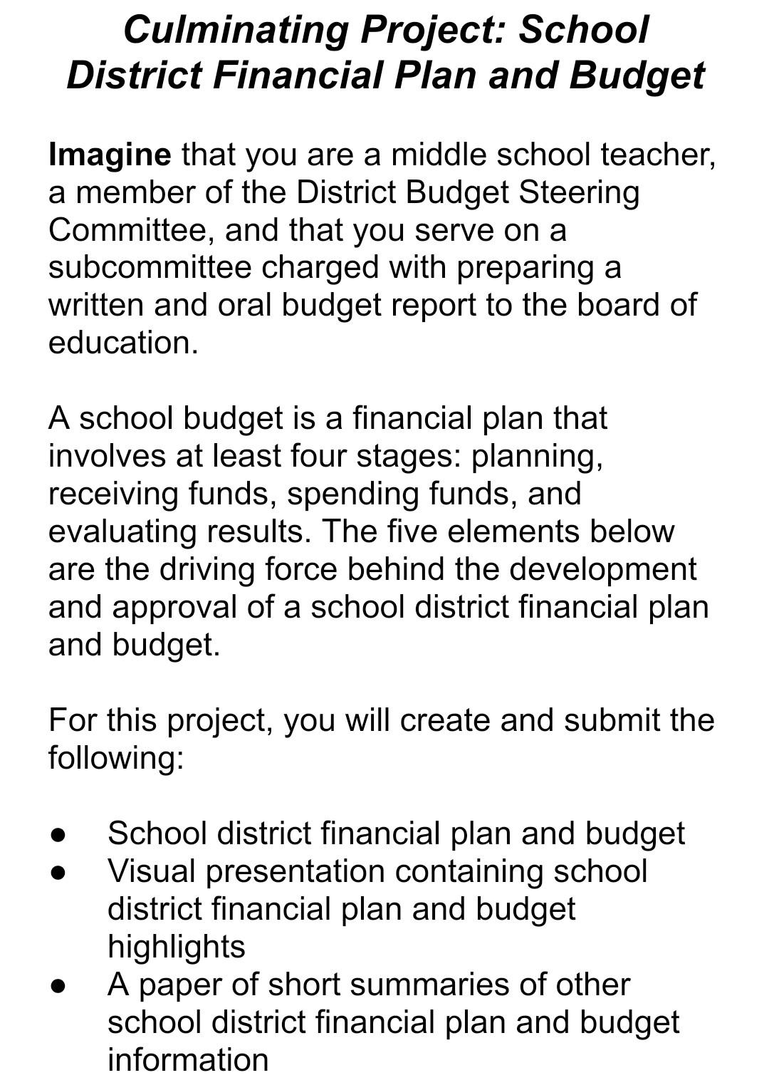 Culminating Project: School District Financial Plan | Chegg.com