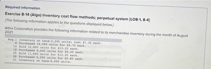 Solved Required information Exercise 8-14 (Algo) Inventory | Chegg.com