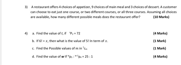 Solved 3) A restaurant offers 4 choices of appetizer, 9 | Chegg.com