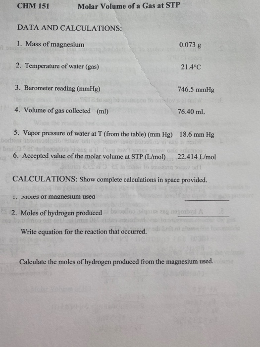 Solved CHM 151 Molar Volume of a Gas at STP DATA AND | Chegg.com