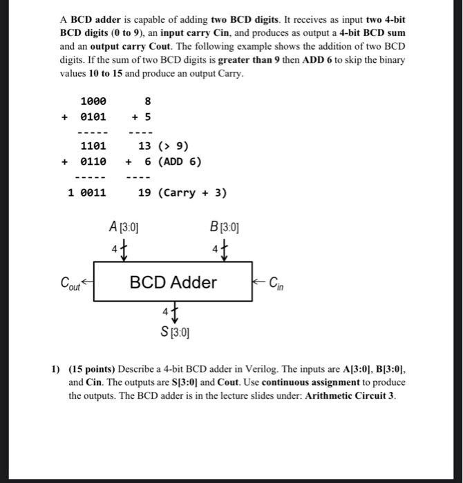 Solved A BCD adder is capable of adding two BCD digits. It | Chegg.com