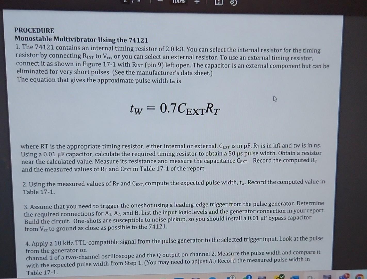 Solved PROCEDURE Monostable Multivibrator Using the 74121 1. | Chegg.com