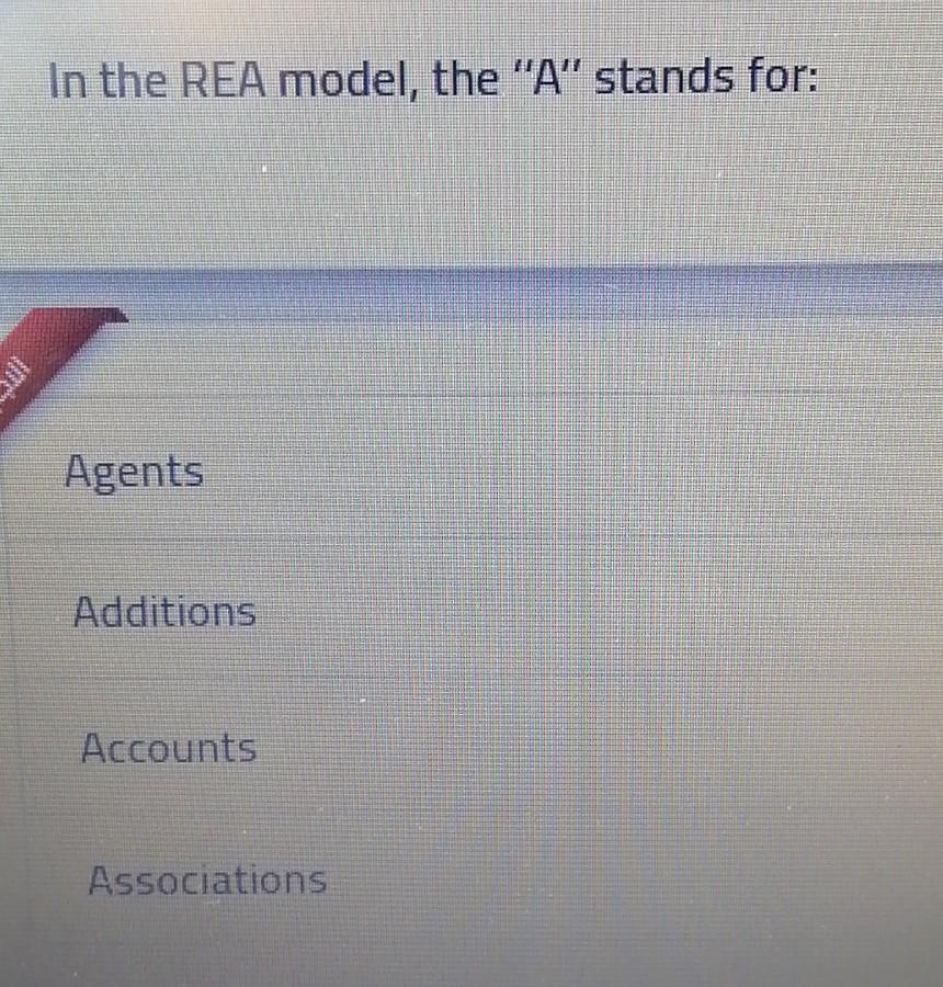 Solved In the REA model, the "A" stands for: Agents | Chegg.com