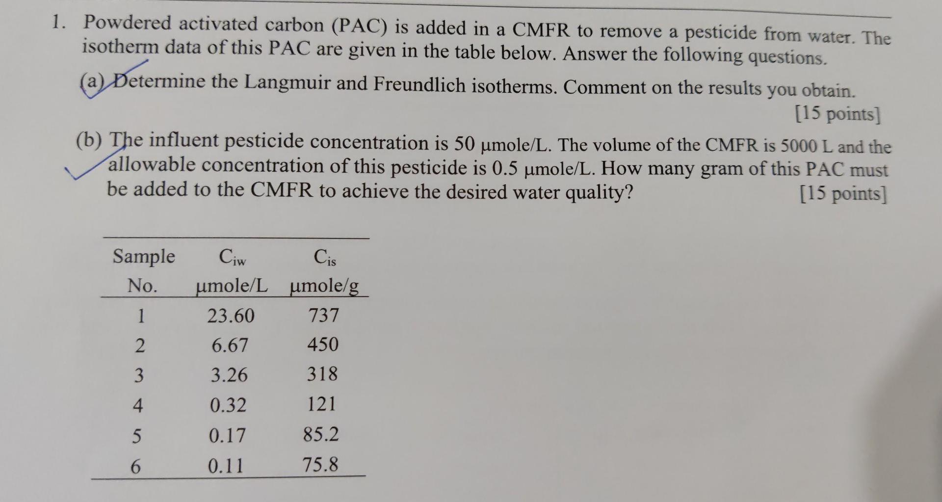 Solved 1. Powdered activated carbon (PAC) is added in a CMFR | Chegg.com