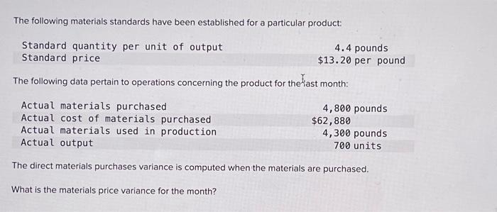 Solved The following materials standards have been | Chegg.com