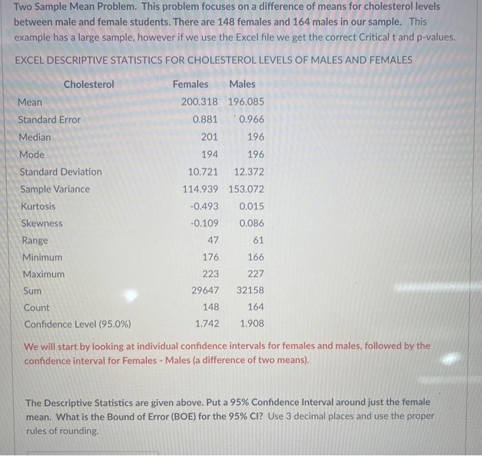 Solved Two Sample Mean Problem. This problem focuses on a | Chegg.com