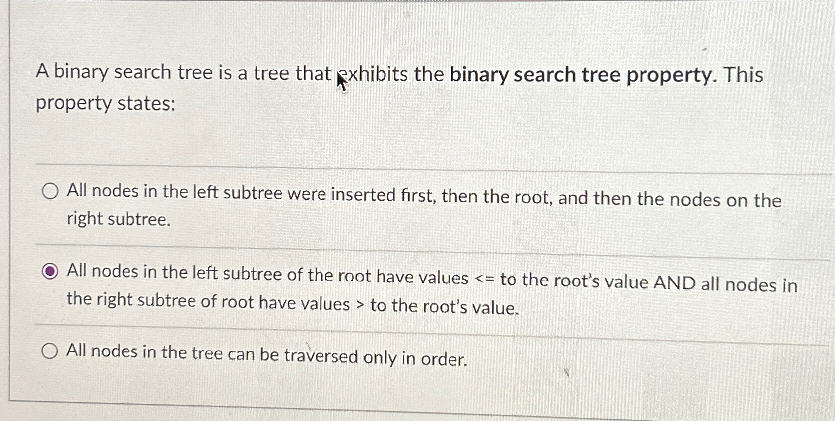 Solved A binary search tree is a tree that phibits the | Chegg.com