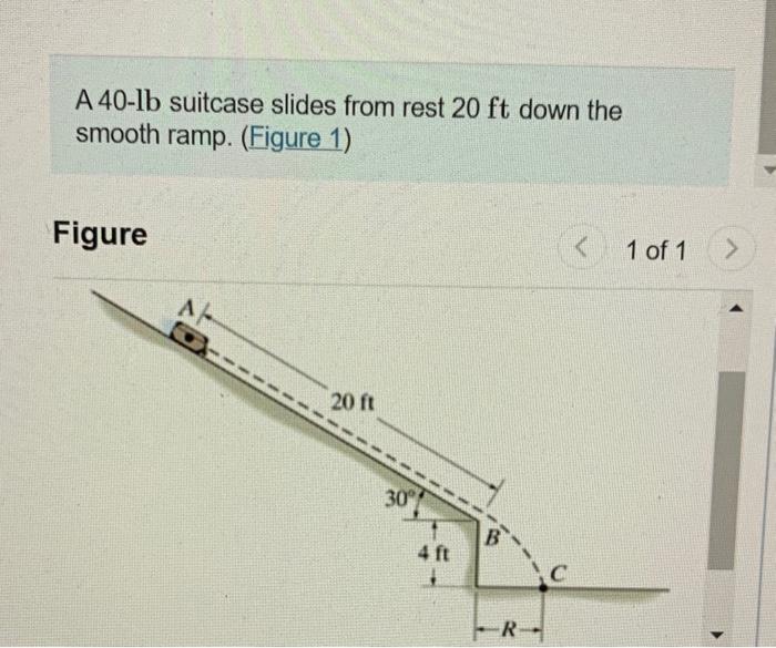Solved A 40-lb suitcase slides from rest 20ft down the | Chegg.com