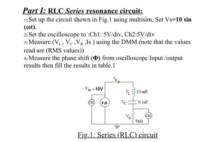 Solved Part I: RLC Series resonance circuit: 1) Set up the | Chegg.com