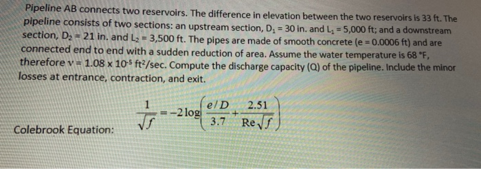 Solved Pipeline AB connects two reservoirs. The difference | Chegg.com