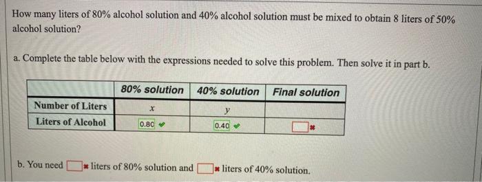 Solved How many liters of 80% alcohol solution and 40% | Chegg.com