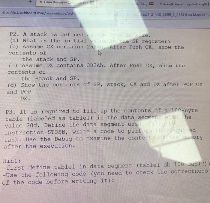 Solved P2. A stack is defined ay 38h bayte in s ze. (a) What | Chegg.com