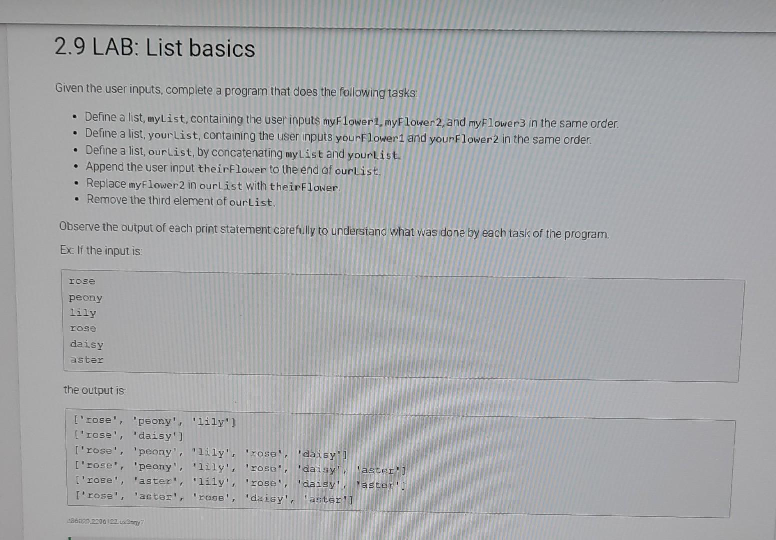 Solved 2.9 LAB: List basics. Given the user inputs, complete | Chegg.com