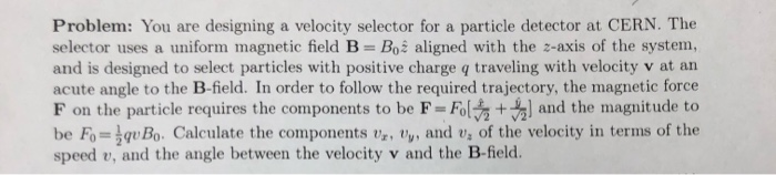 Solved Problem: You are designing a velocity selector for a | Chegg.com